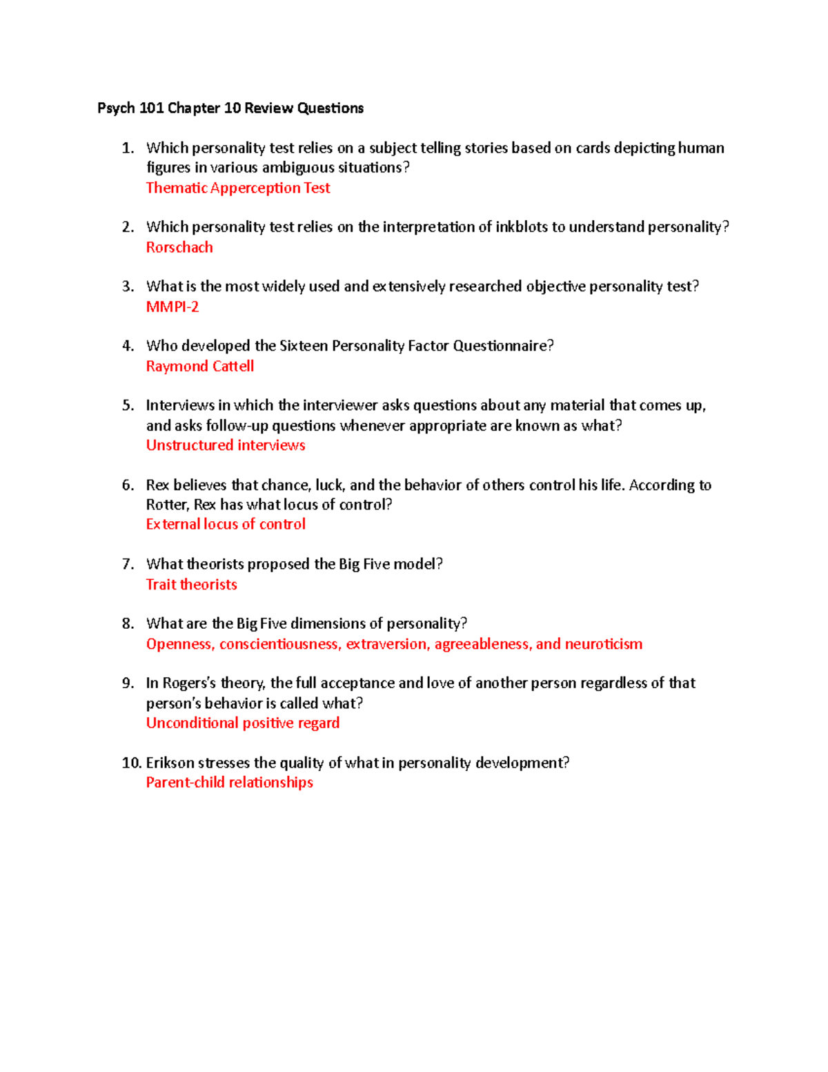 Psych 101 Chapter 10 Review Questions - Psych 101 Chapter 10 Review ...