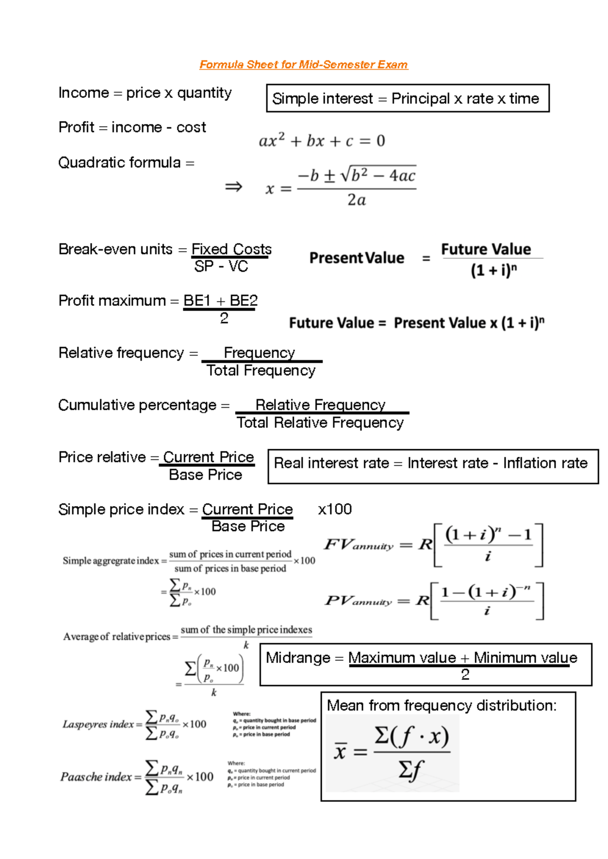 Formula Sheet for Mid-Semester Exam - Studocu