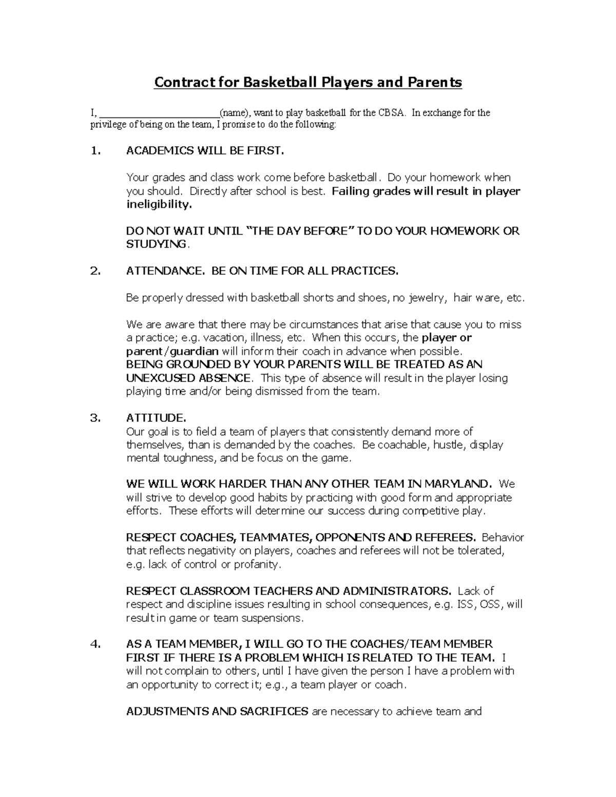 Contract for Basketball Players and Parents - In exchange for the ...