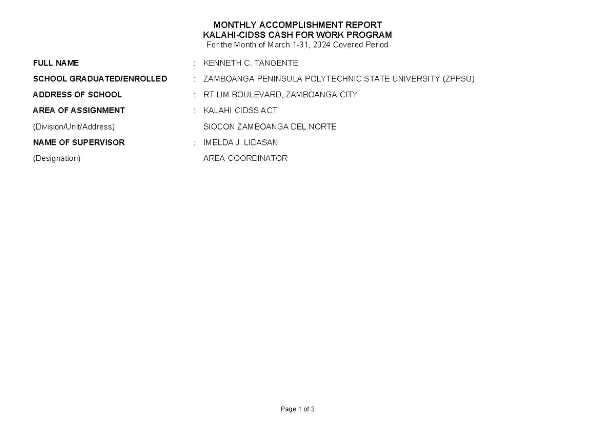 Accomplishment Report For Dtr 1 Monthly Accomplishment Report Kalahi