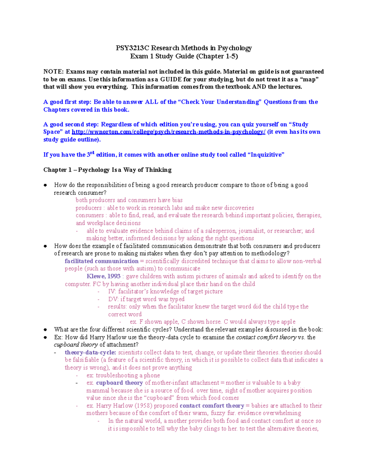 PSY3213C Exam 1 Chapter 1 - PSY3213C Research Methods in Psychology ...