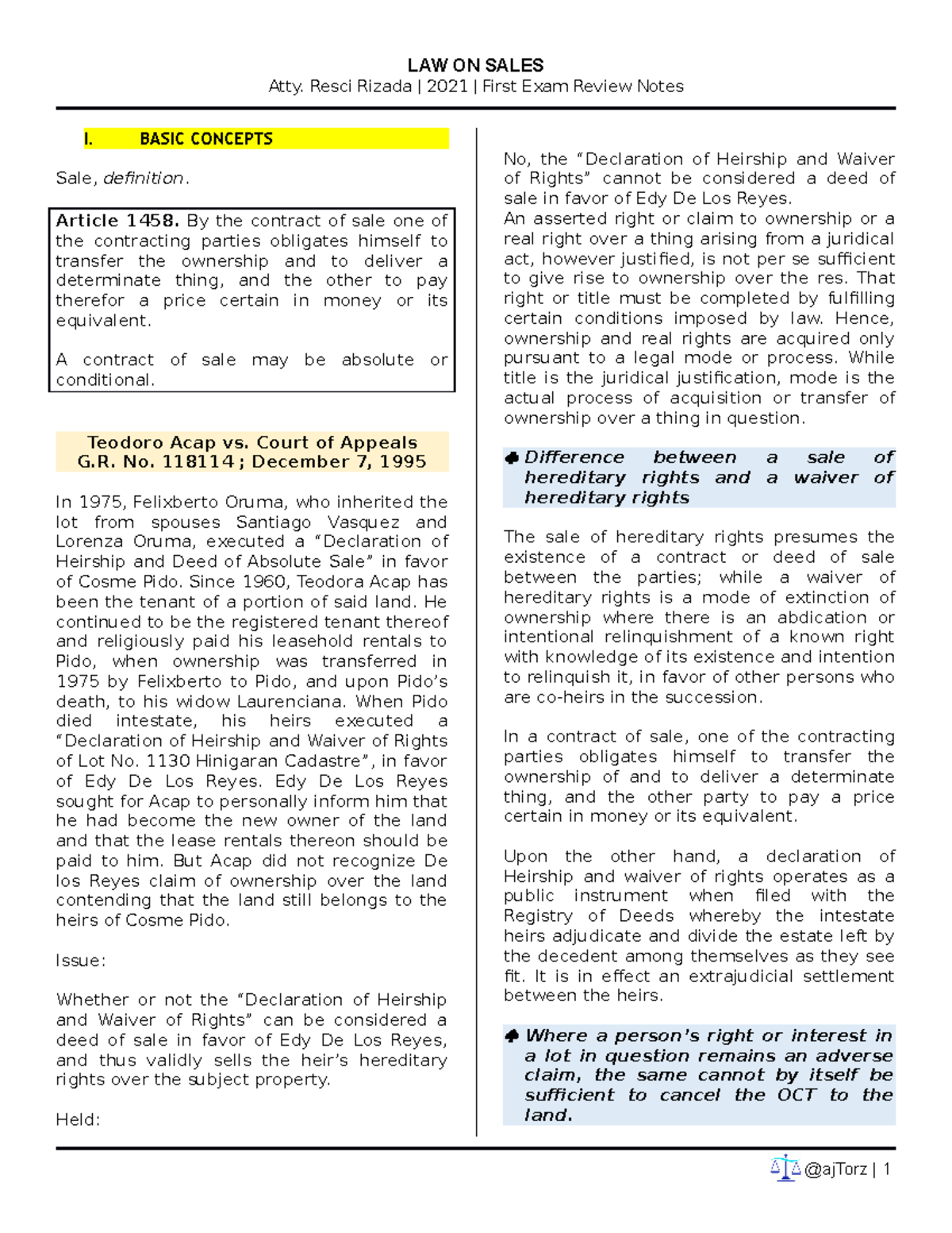 Sale 1st exam reviewer - Review notes for the exam - Atty. Resci Rizada ...
