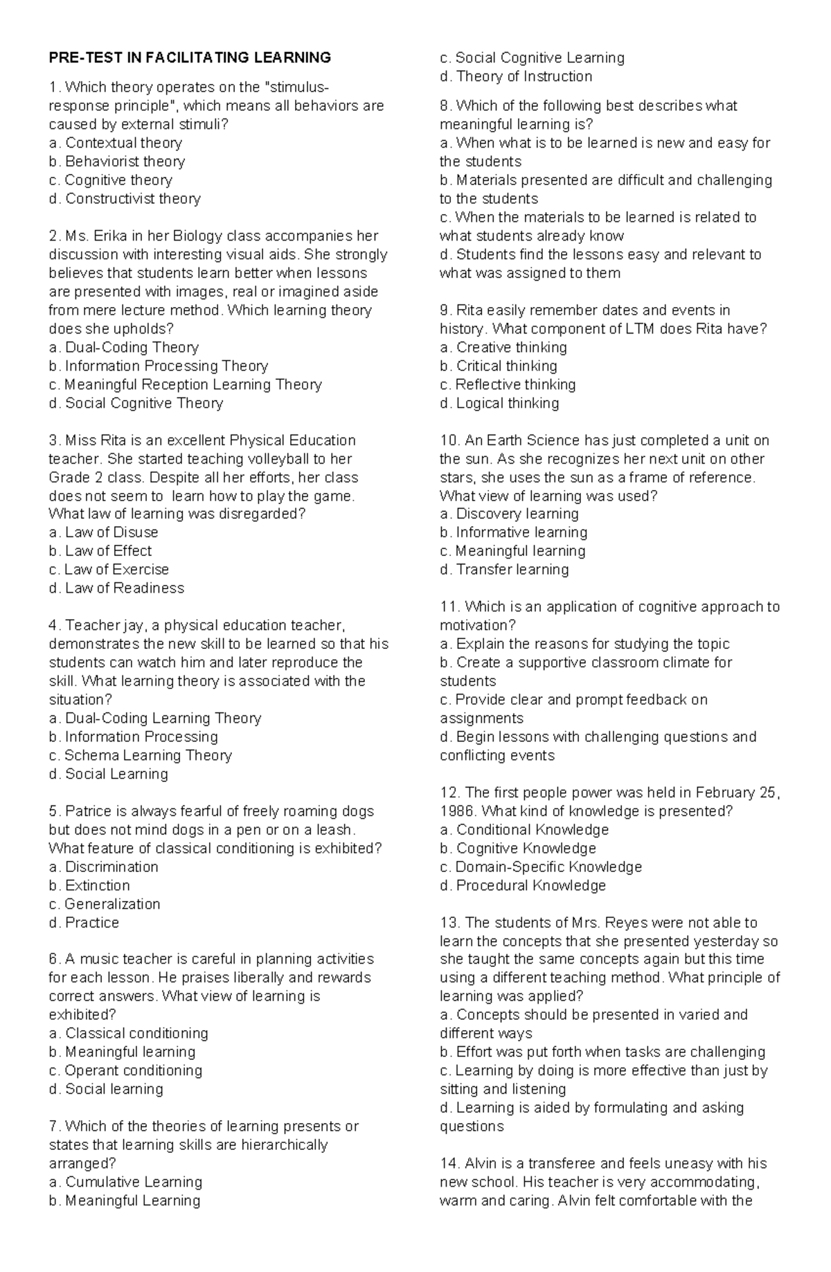 Pretest Facilitating Learning copy - PRE-TEST IN FACILITATING LEARNING ...