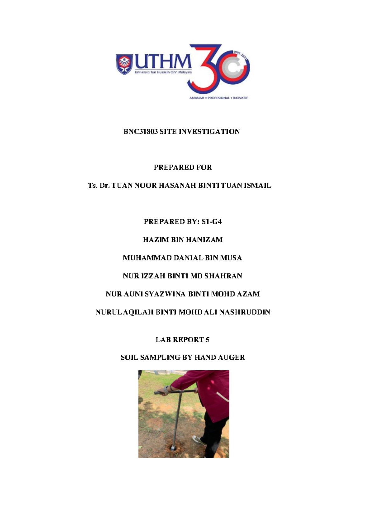 SI LAB 5 - Auger Test S1G4 - PREPARED FOR Ts. Dr. TUAN NOOR HASANAH ...