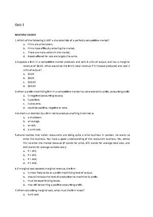 Quiz7 - quiz for practice micro exam - Quiz 1 MULTIPLE CHOICE 1 general, elasticity is a measure ...