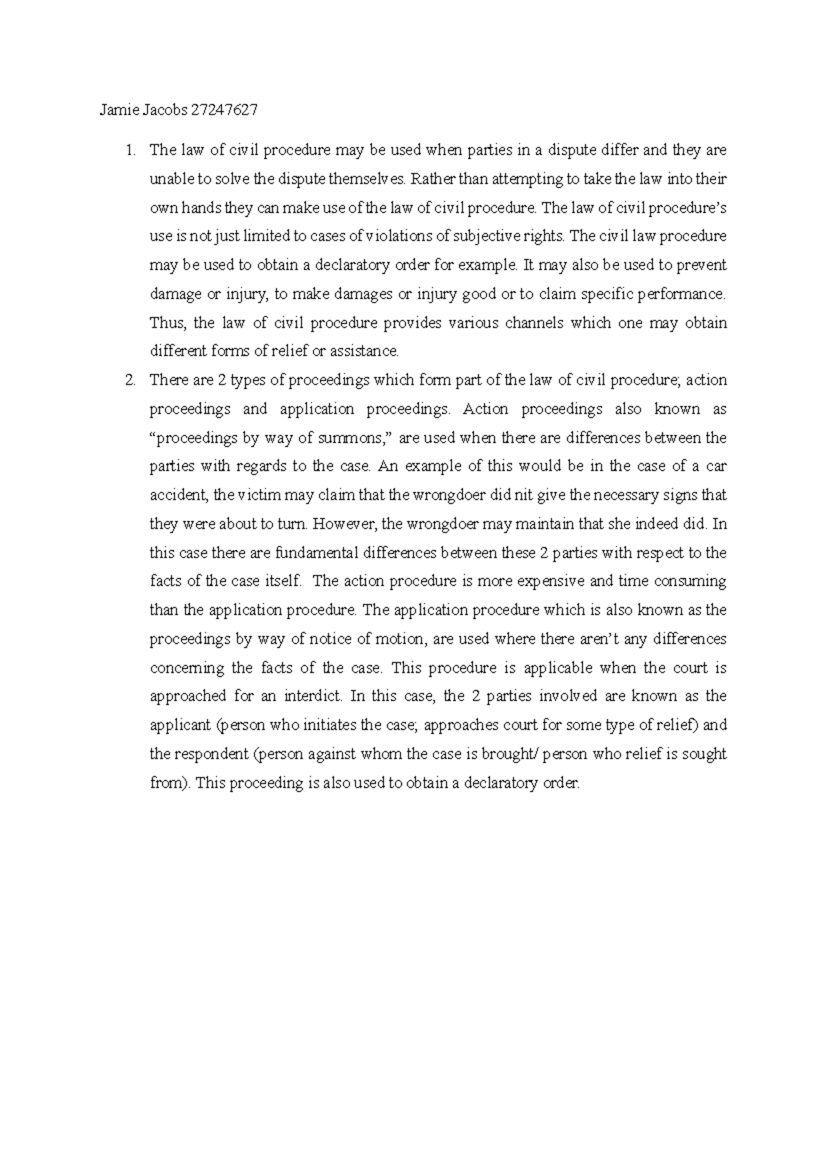 FOL T10 - practical theory - Jamie Jacobs 27247627 1. The law of civil ...