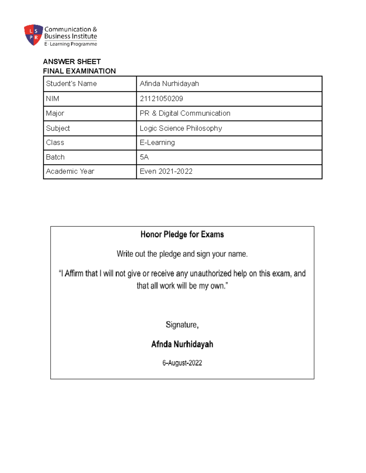 Final Exam Logic Science Afinda Nurhidayah - ANSWER SHEET FINAL ...