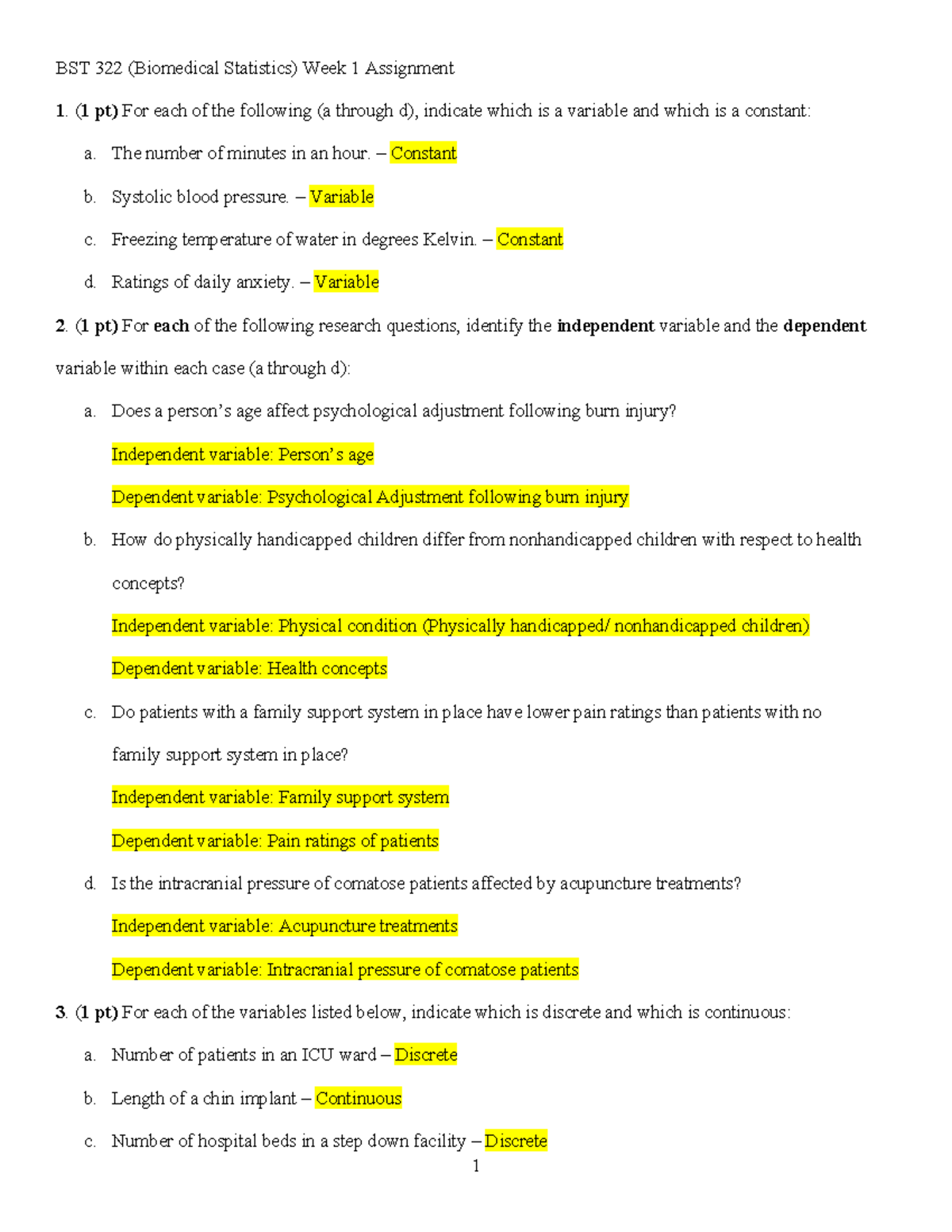 Assignment Week 1 (Biomedical Statistics) - (1 pt) For each of the following (a through d ...