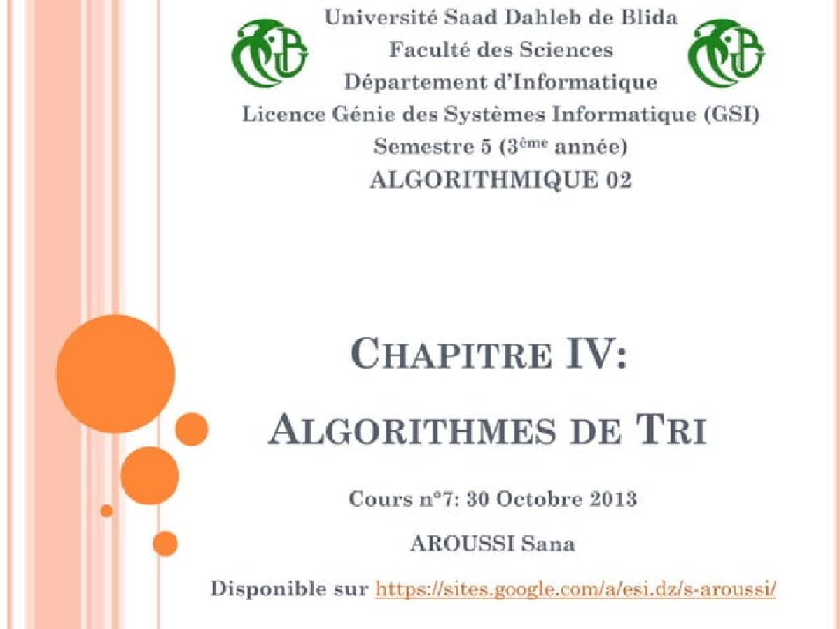 Chapitre iv algorithmes de tri 30107595 - Université Saad Dahleb de ...