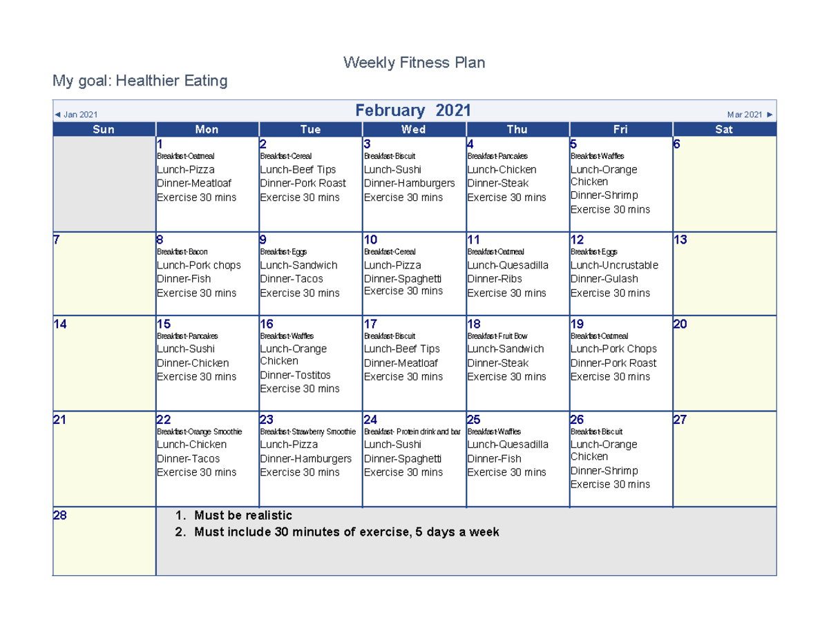 February Fitness Plan - Weekly Fitness Plan My goal: Healthier Eating ...