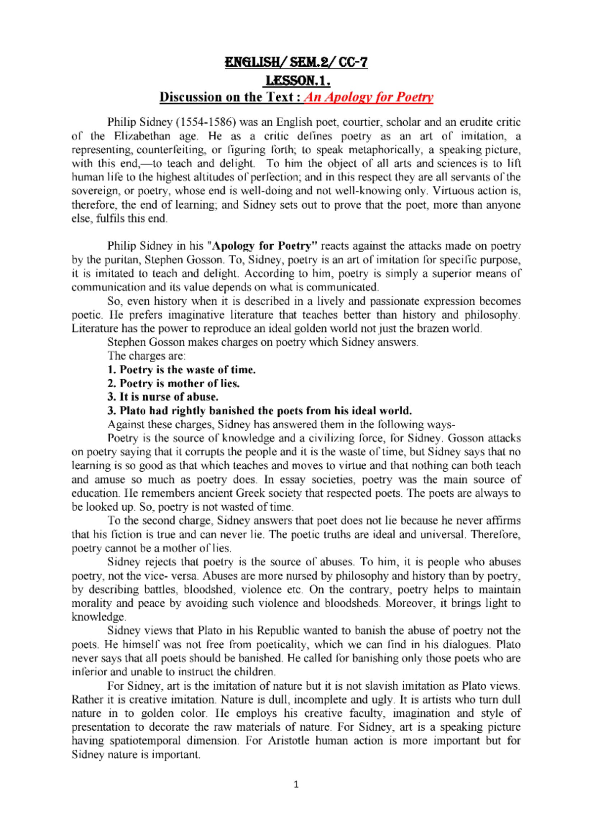 An apology for poetry - Literary criticism and theory part 1 - MA ...