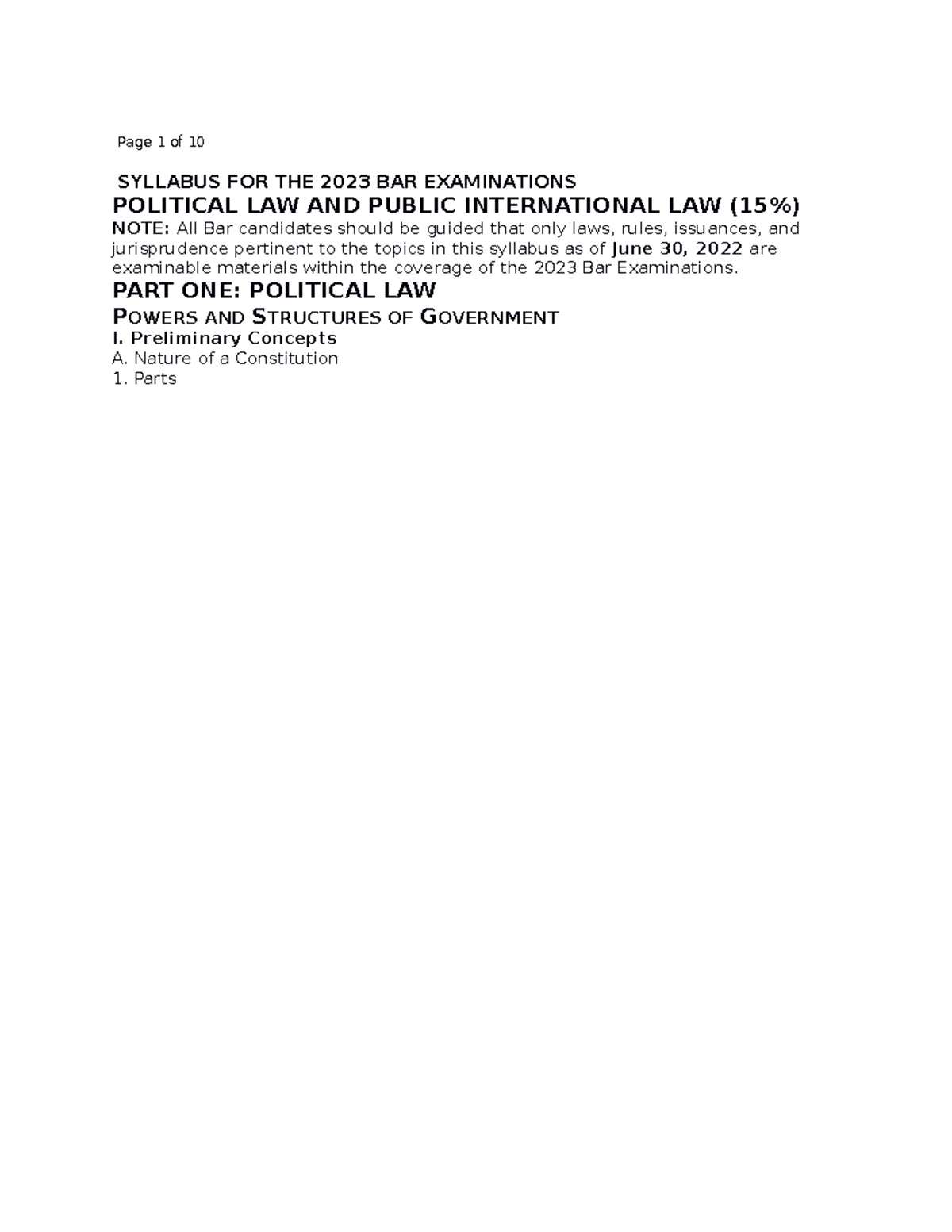 Syllabus - Page 1 of 10 SYLLABUS FOR THE 2023 BAR EXAMINATIONS ...
