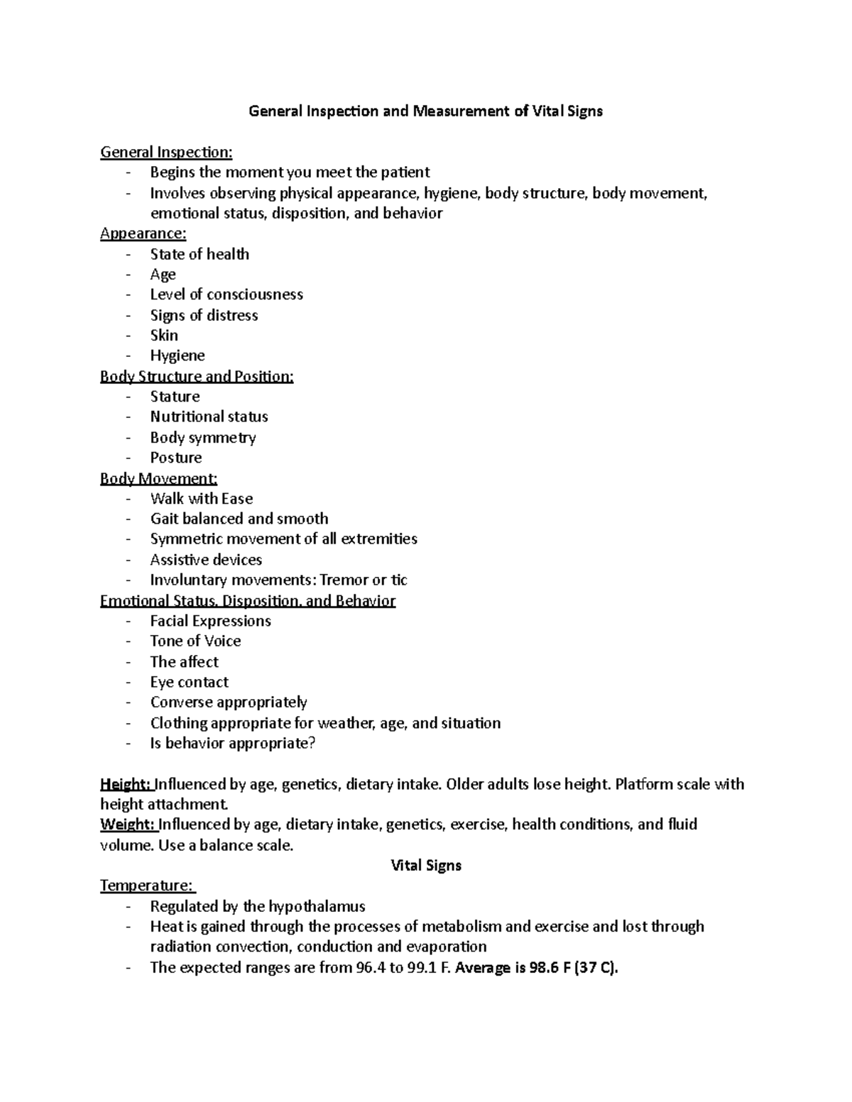 General Inspection and Vital Signs - Study Guide - General Inspection ...