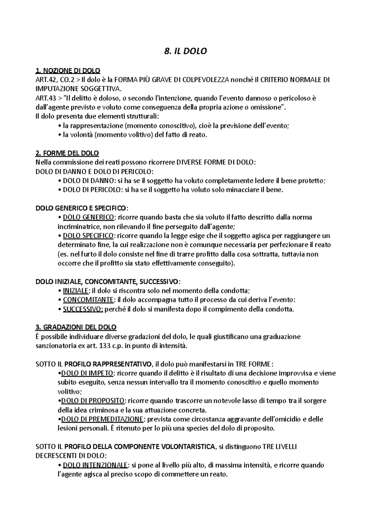 8. IL DOLO - Riassunti diritto penale - 8. IL DOLO 1. NOZIONE DI DOLO ...