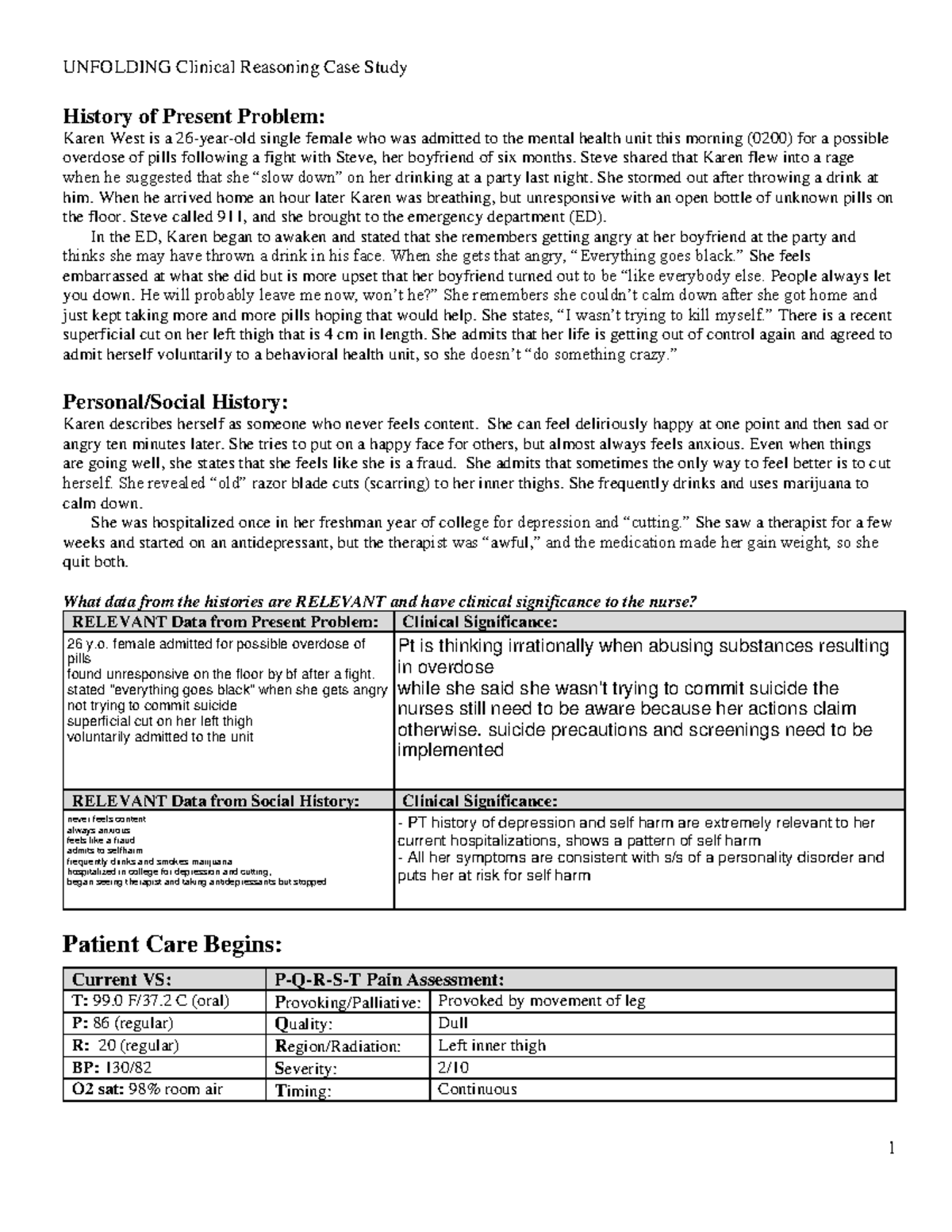 Case study BPD - UNFOLDING Clinical Reasoning Case Study History of ...