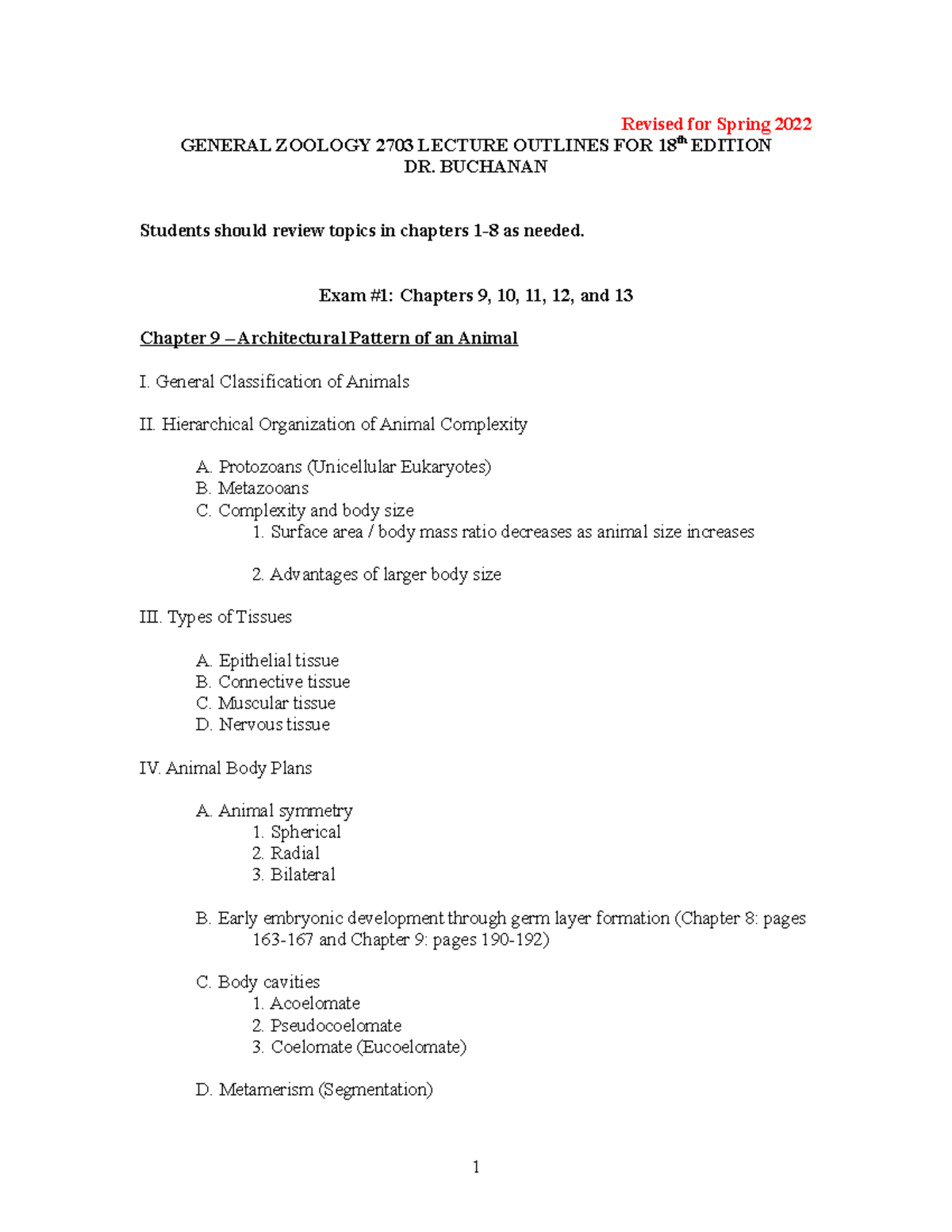 General Zoology 2703 Lecture Outlines - Revised for Spring 2022 GENERAL ...