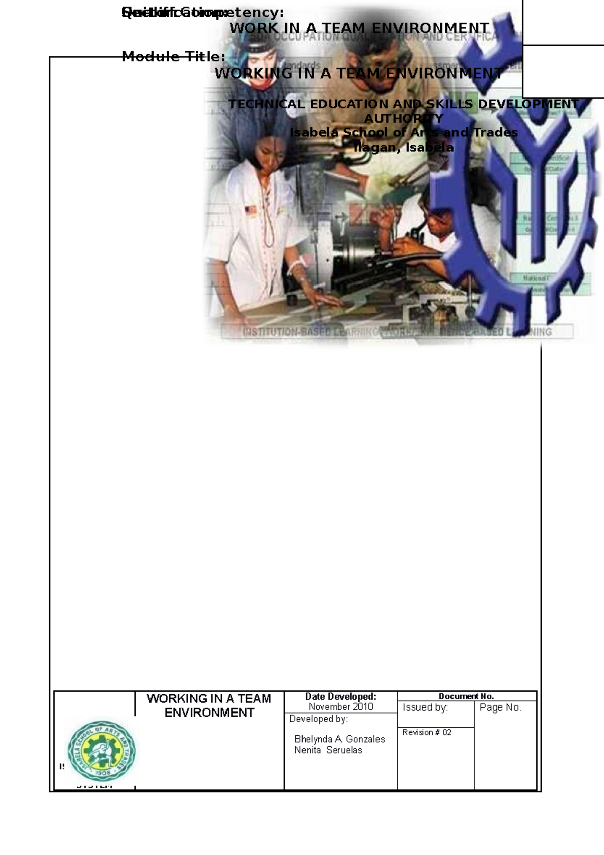 CBLM WORK IN A TEAM Environment - ISAT- TESDA QA WORKING IN A TEAM ...