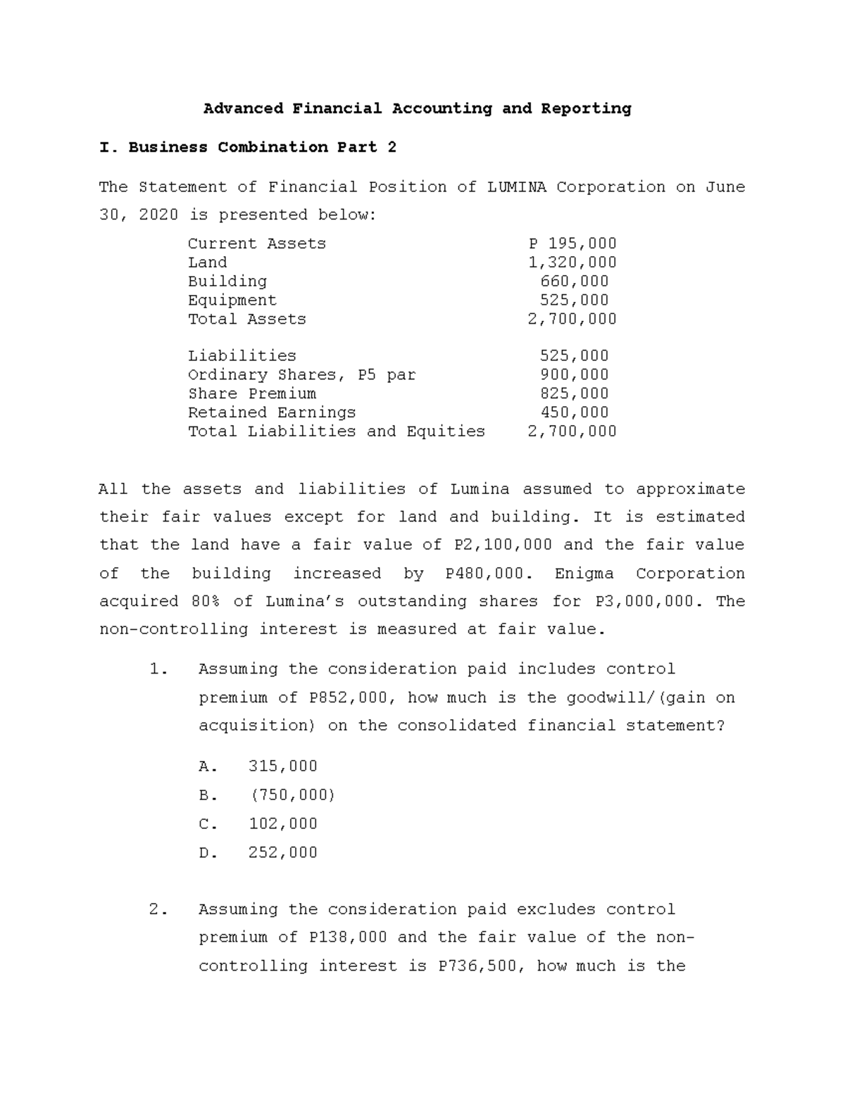 AFAR Prac set 3 - Advance accounting - Advanced Financial Accounting ...