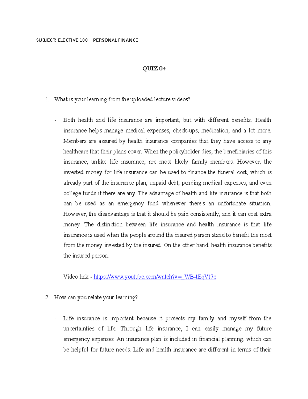 Personal Finance - SUBJECT: ELECTIVE 100 – PERSONAL FINANCE QUIZ 04 ...