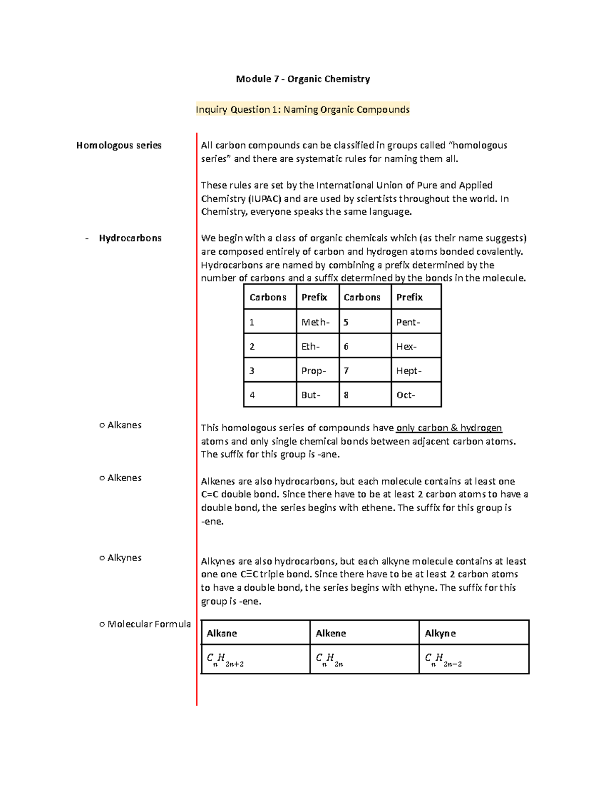 Notes on Module 7 - Organic Chemistry - Module 7 - Organic Chemistry ...