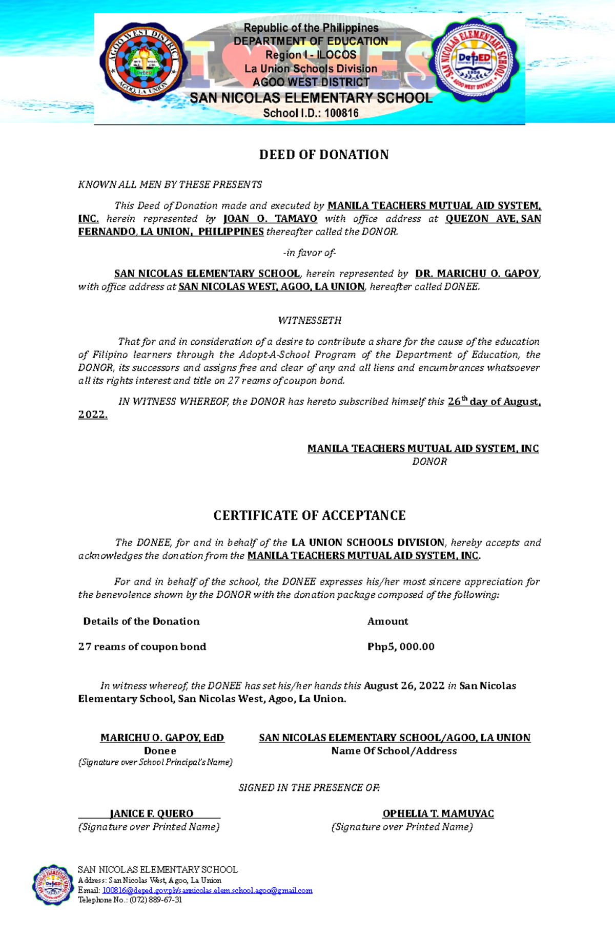 SNES DEED OF Donation AND Acceptance - DEED OF DONATION KNOWN ALL MEN ...