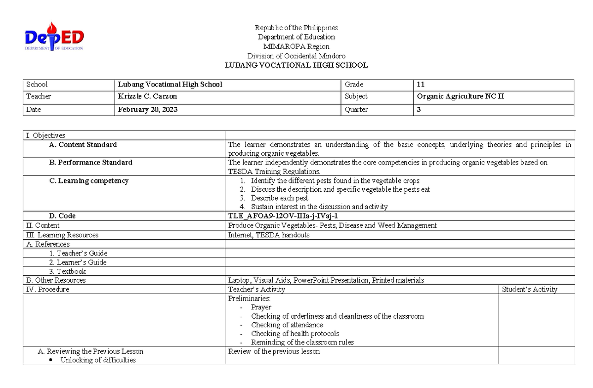 lesson plan for agriculture grade 11 2023-2024 - Republic of the ...