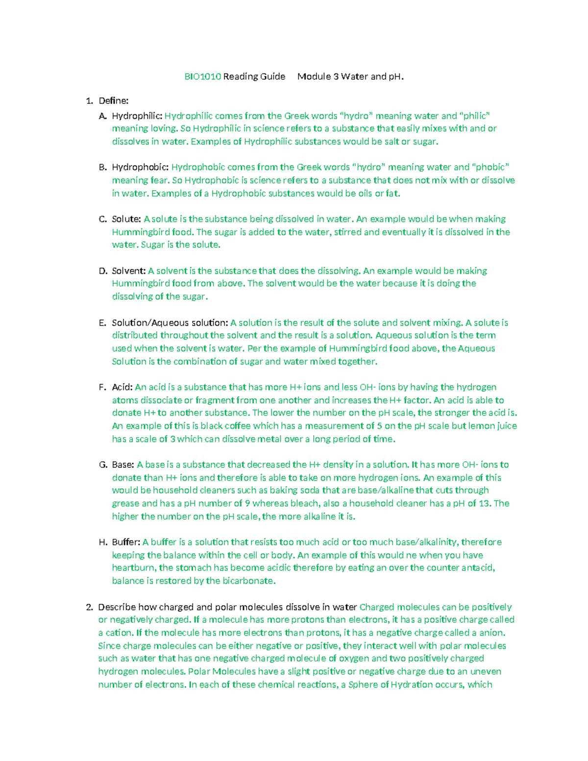 BIO1010 Reading Guide. Ch - BIO1010 Reading Guide Module 3 Water and pH ...