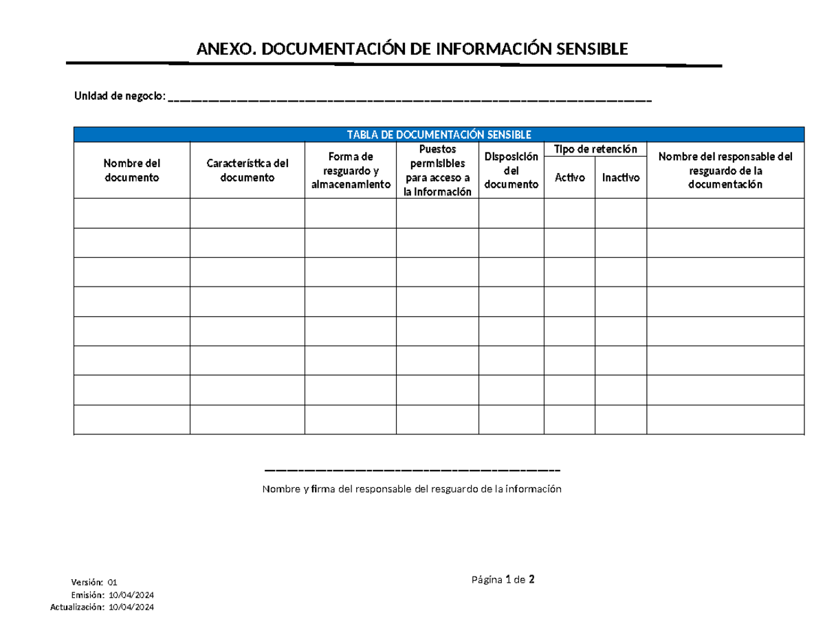 Xxxxxxxxxxxxxxxxxxxxxxx - Versión: 01 Emisión: 10/04/ Actualización: 10/04/ ANEXO. DOCUMENTACIÓN ...