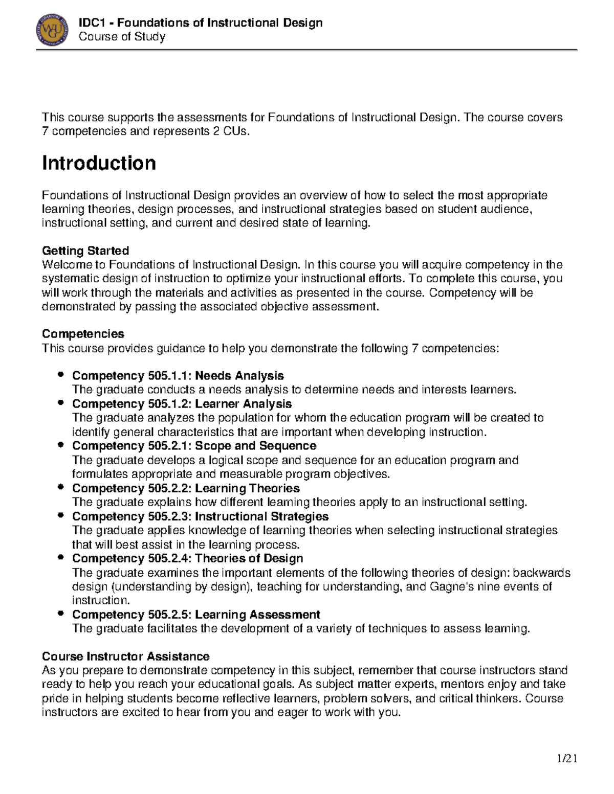 IDC1 - Course of Study - Foundations of Instructional Design - 2 CUs ...