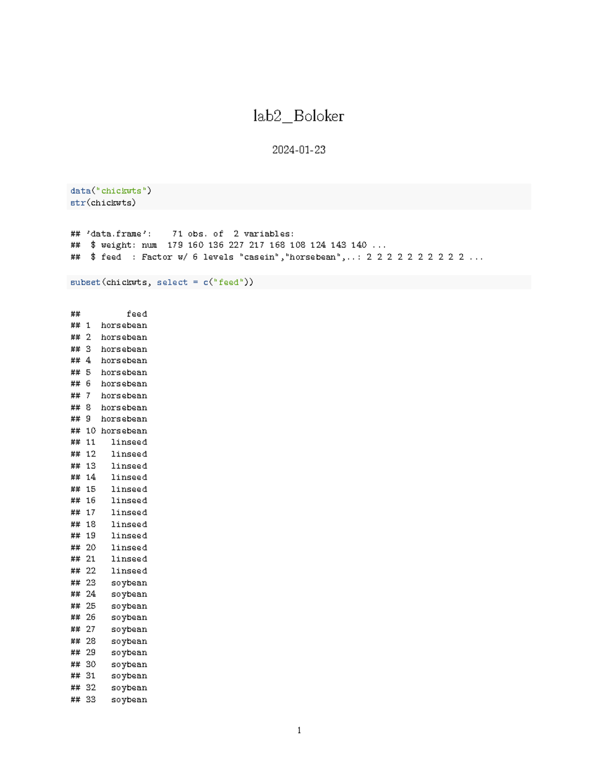 Lab2 Boloker - Labwork - lab2_Boloker 2024-01- data("chickwts") str(chickwts) ’data’: 71 - Studocu