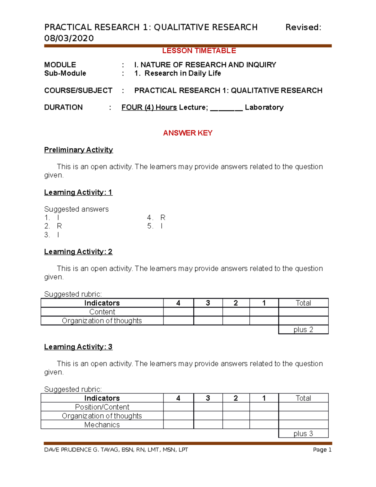Module 1 Research in Daily Life - Answer Key - PRACTICAL RESEARCH 1 ...