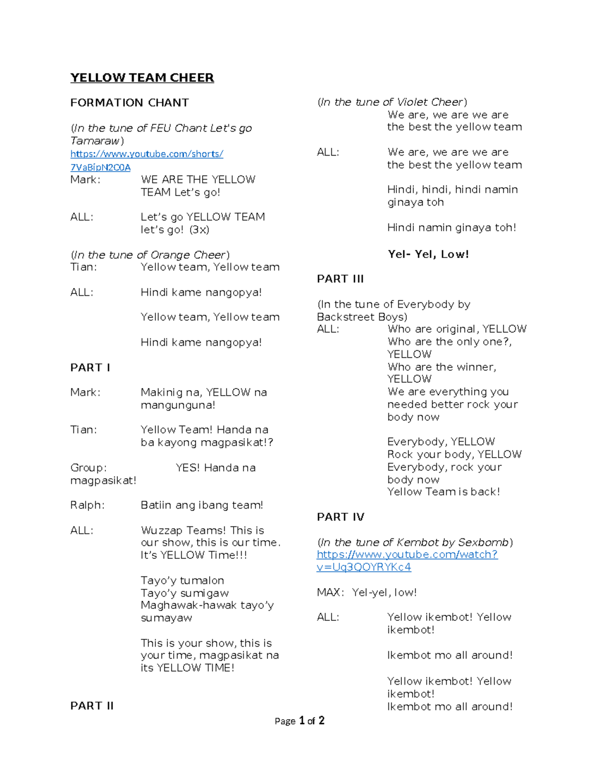 Yellow TEAM Cheer 2 - ngbcvbc b - YELLOW TEAM CHEER FORMATION CHANT (In ...