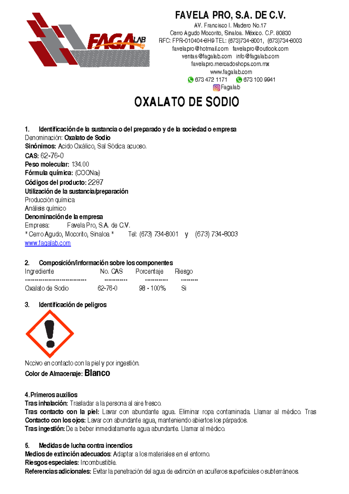 Oxalato-de-sodio - FICHA DE SEGURIDAD OXALATO DE SODIO - OXALATO DE ...
