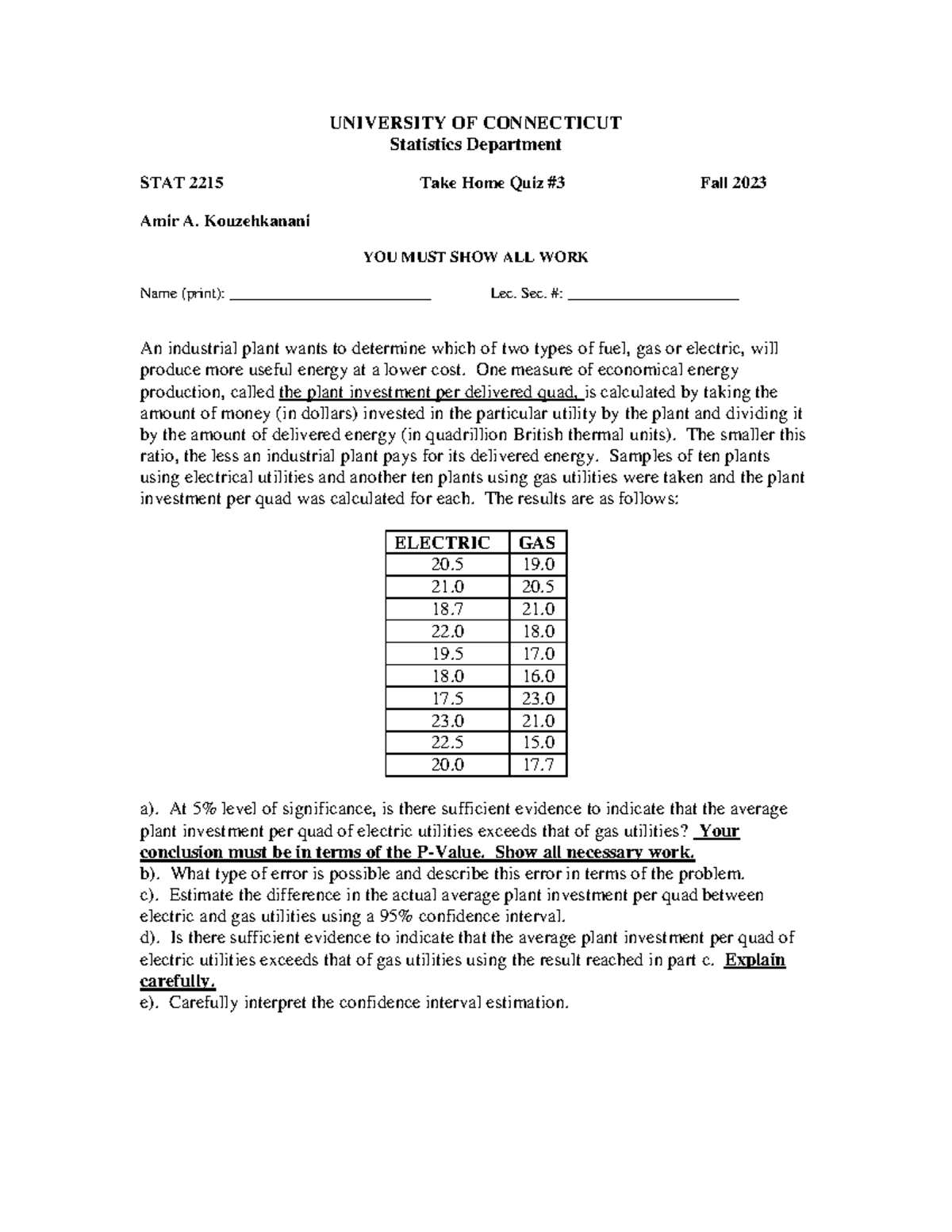 STAT2215THQ3F23 - Stats - UNIVERSITY OF CONNECTICUT Statistics ...