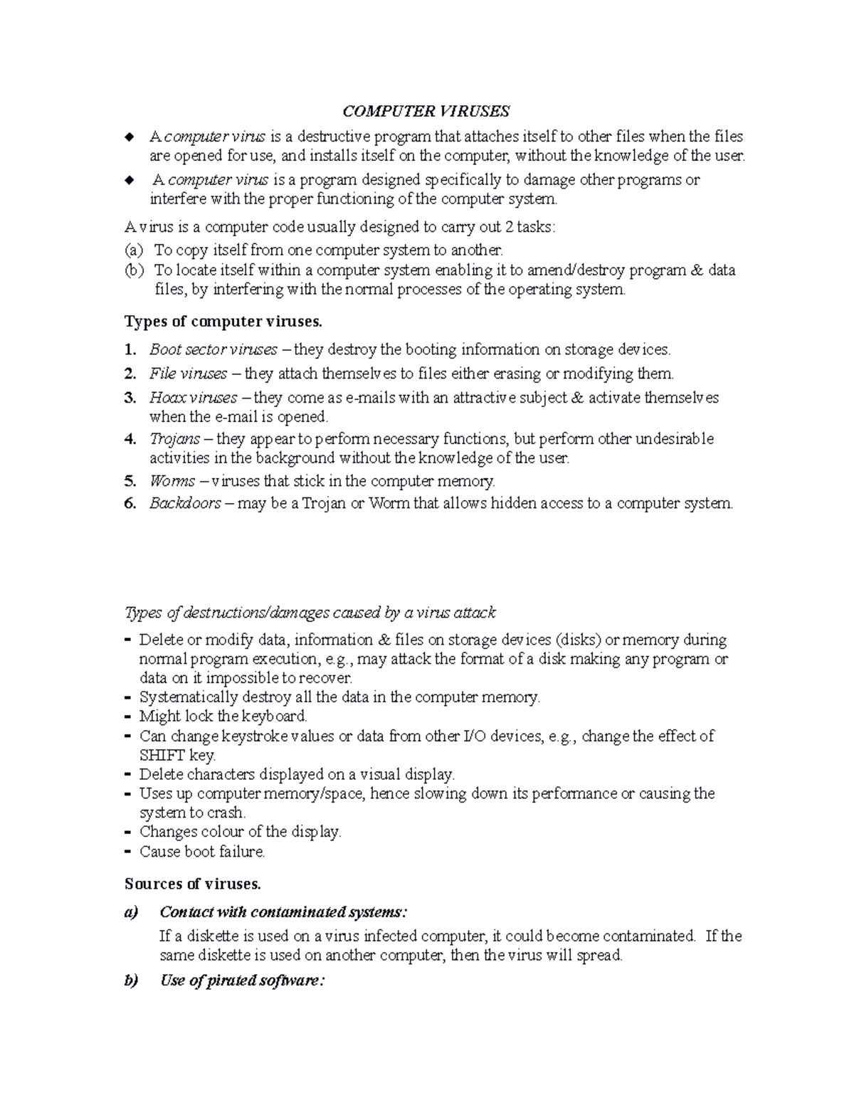 Computer Viruses - COMPUTER VIRUSES A computer virus is a destructive ...