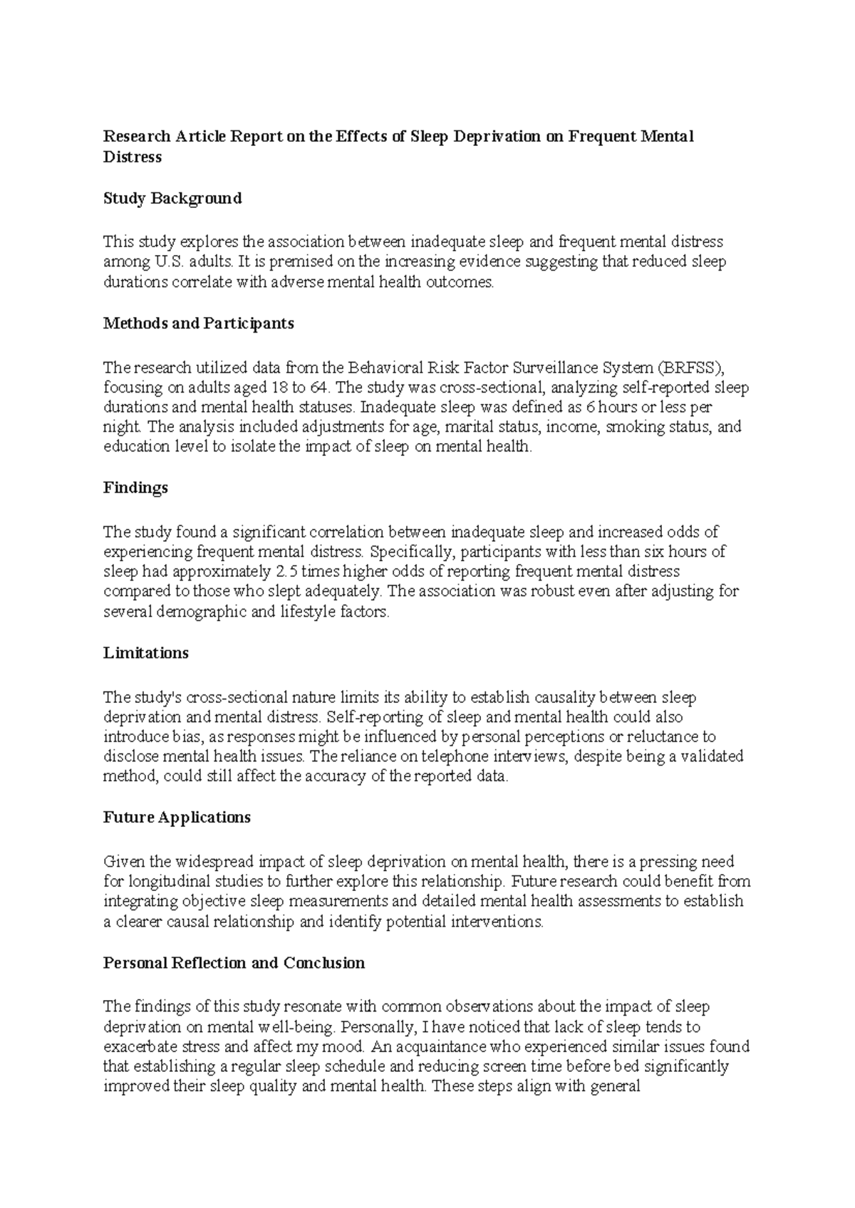 Assignment Unit 2 - Written work - Research Article Report on the ...