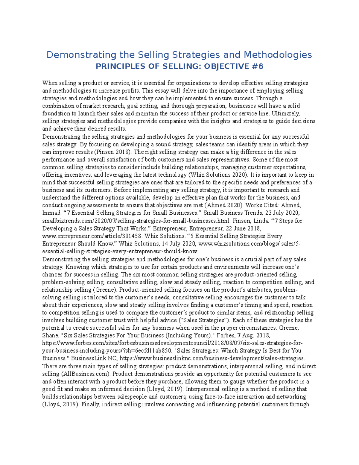 Demonstrating the Selling Strategies and Methodologies - Principles OF ...