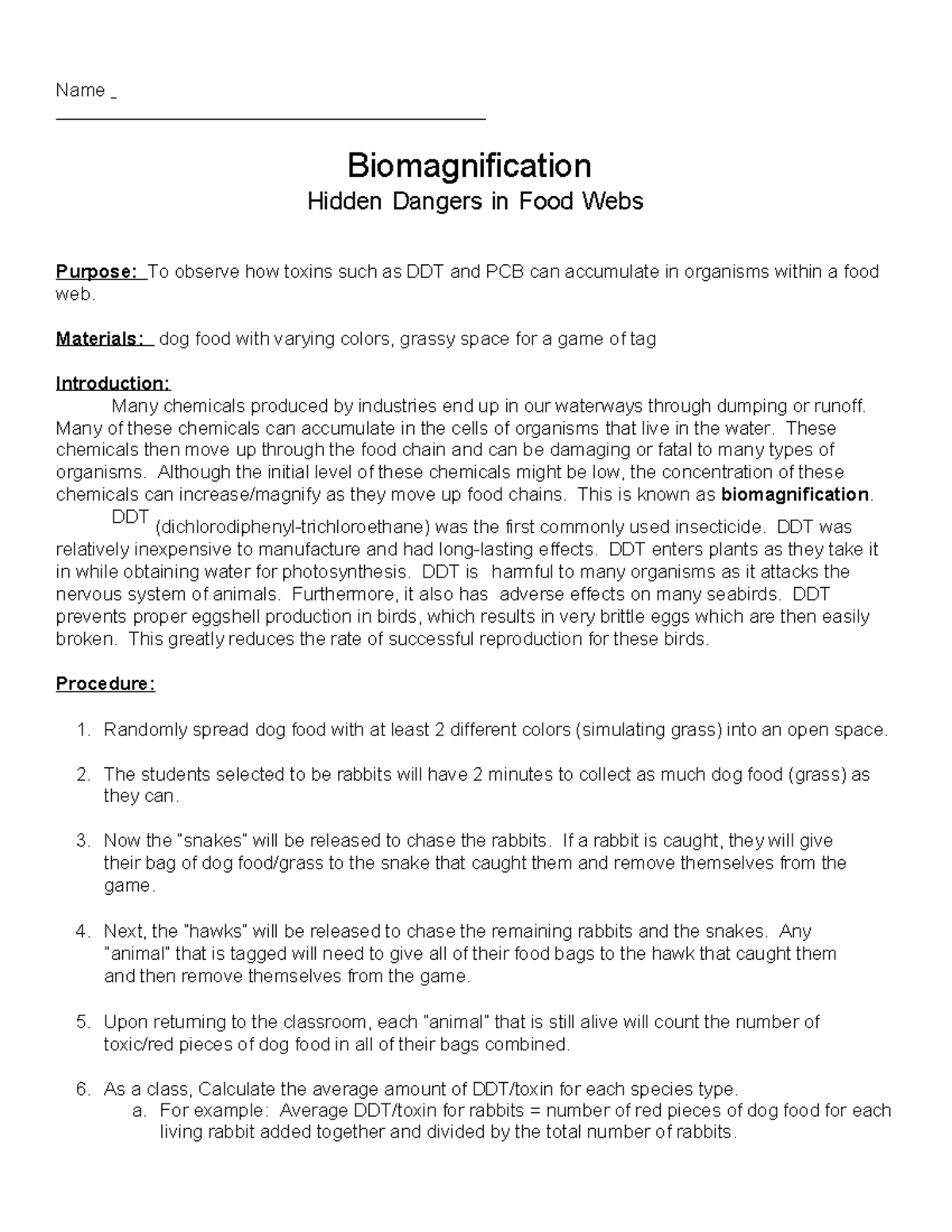 Answers to Biomagnification Lab 2018 - Name Biomagnification Hidden ...
