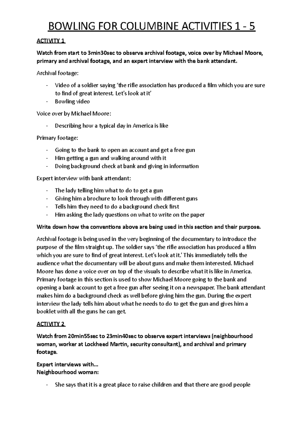 Bowling for Columbine activities - ACTIVITY 1 Watch from start to ...