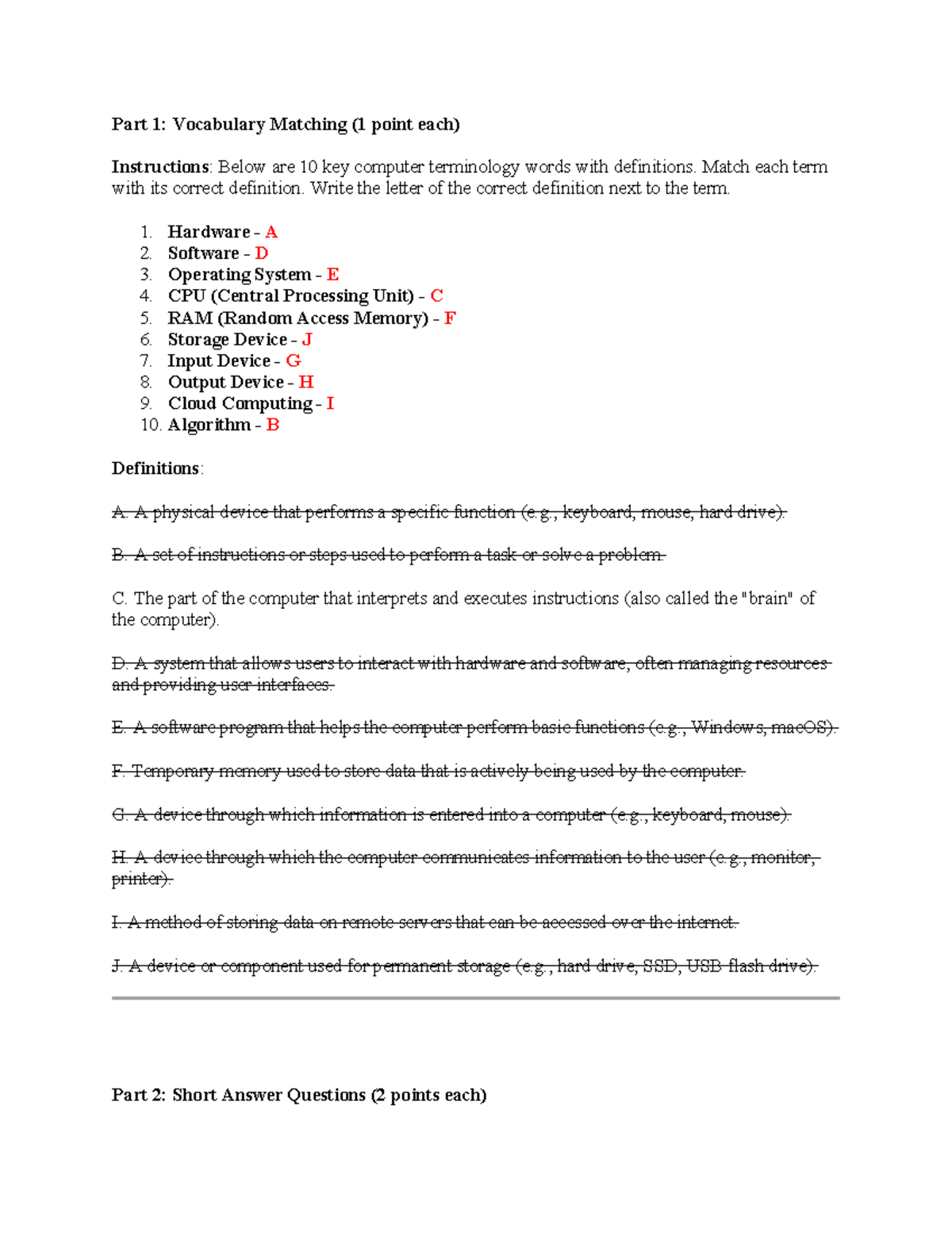 Computer Terminology Assignment - Part 1: Vocabulary Matching (1 point ...