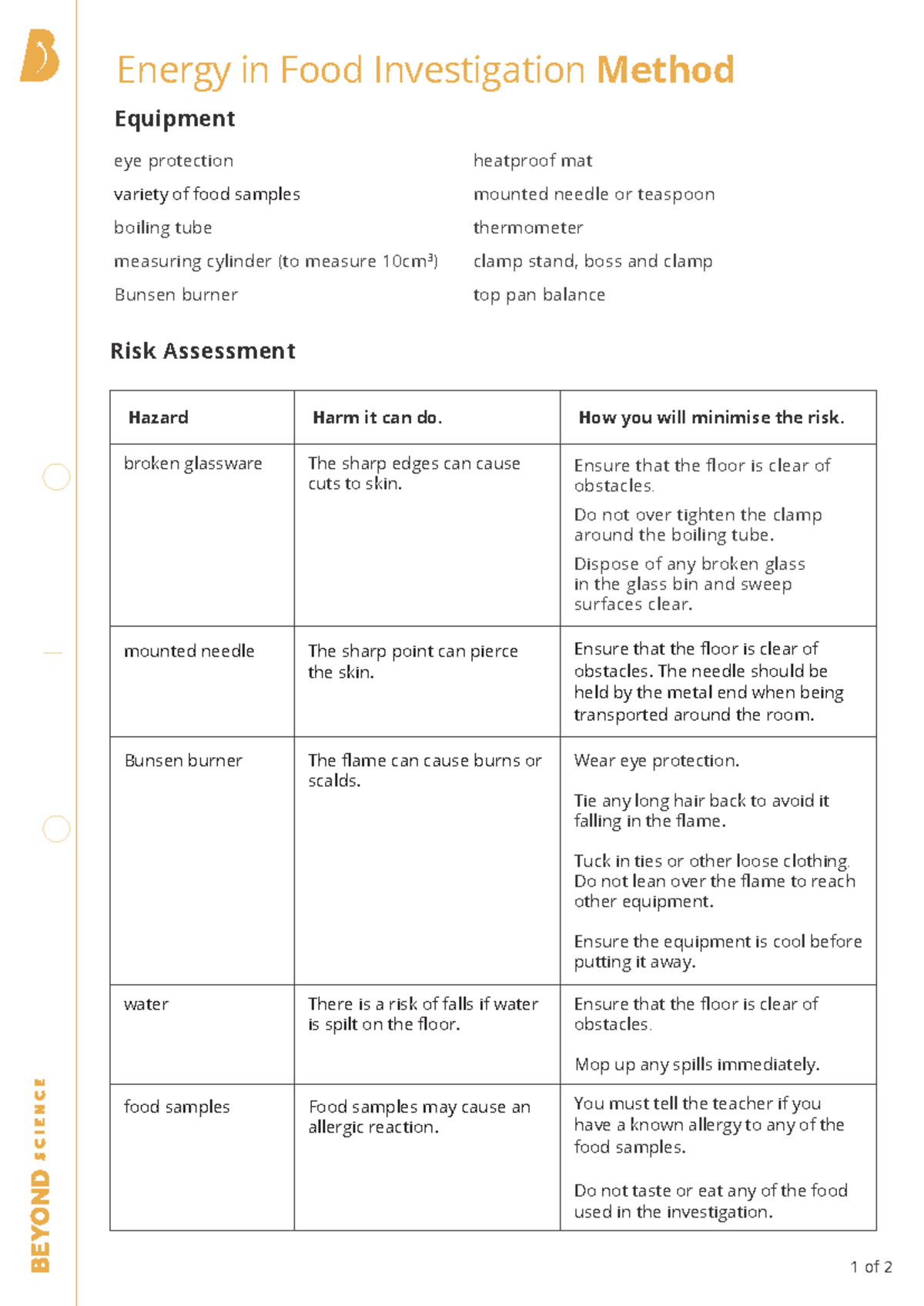 Energy in Food Investigation Method - Energy in Food Investigation ...