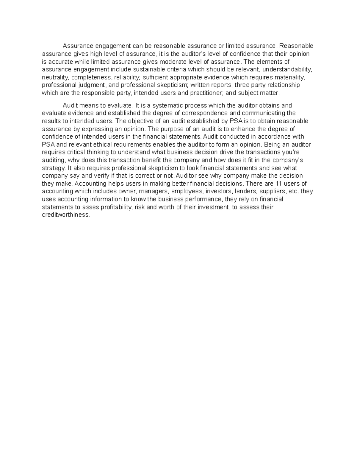 Audit assurance - Assurance engagement can be reasonable assurance or ...