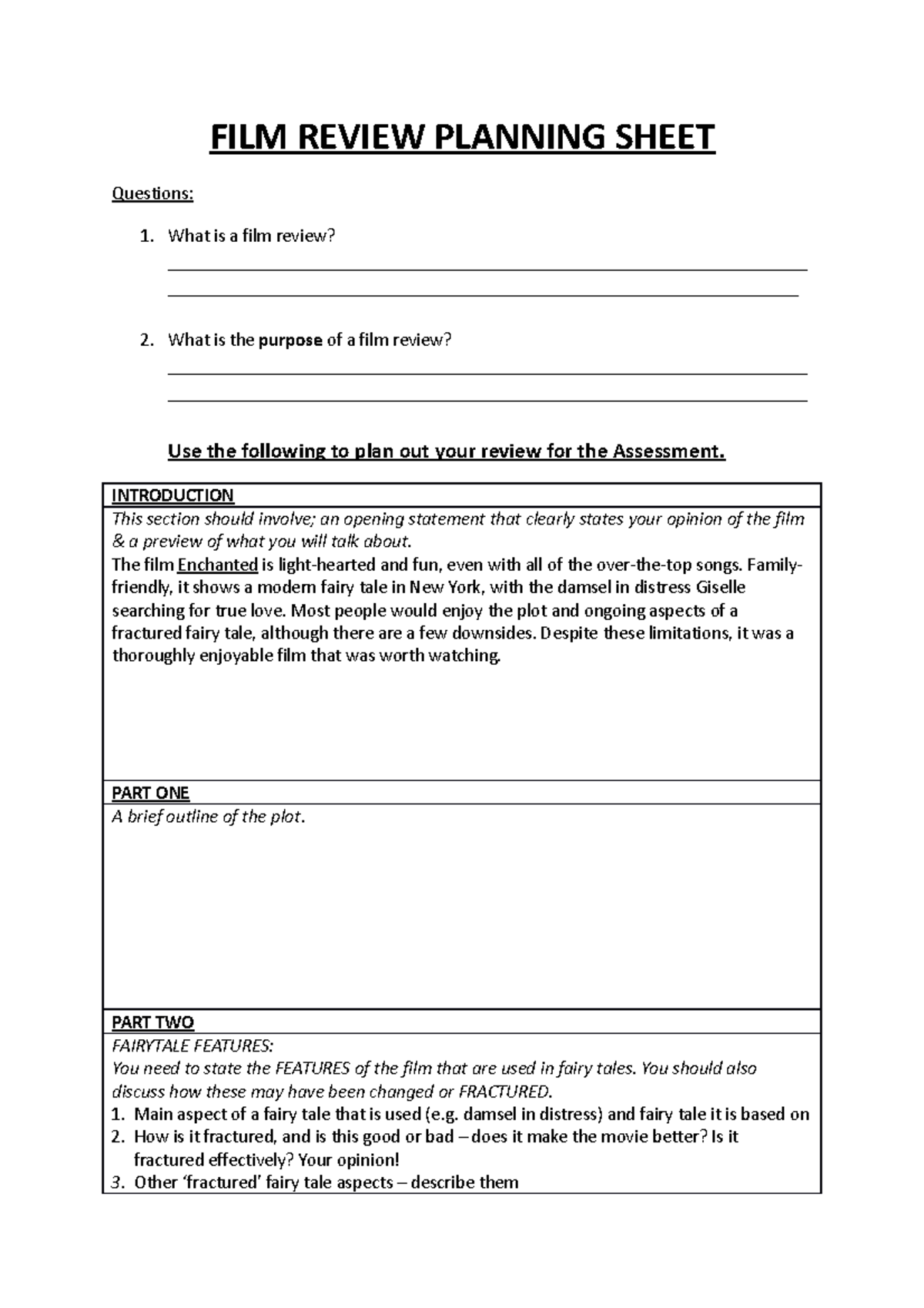 Film Review Scaffold 7D - FILM REVIEW PLANNING SHEET Questions: 1. What ...
