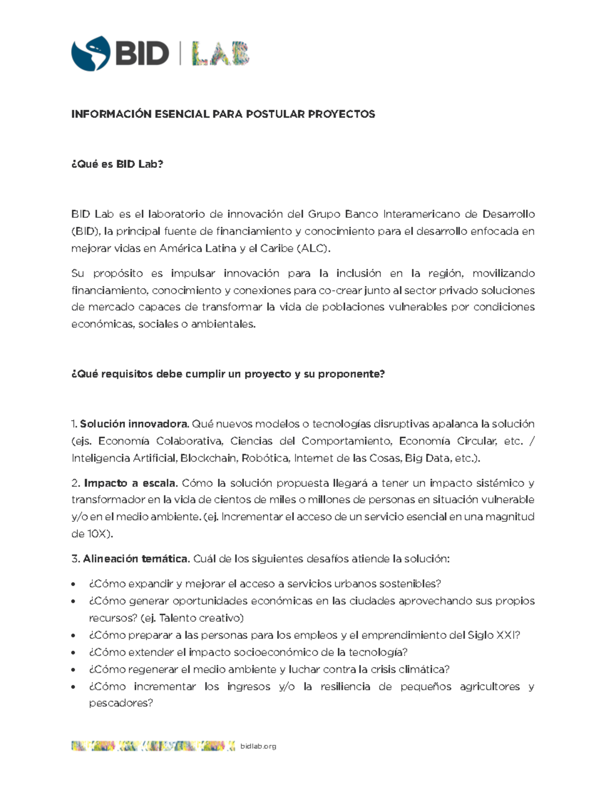 Requisitos Proyectos BID Lab - bidlab INFORMACIÓN ESENCIAL PARA ...