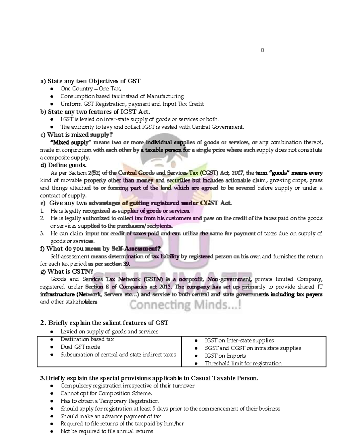 GST - GST NOTES - 0 a) State any two Objectives of GST One Country One ...