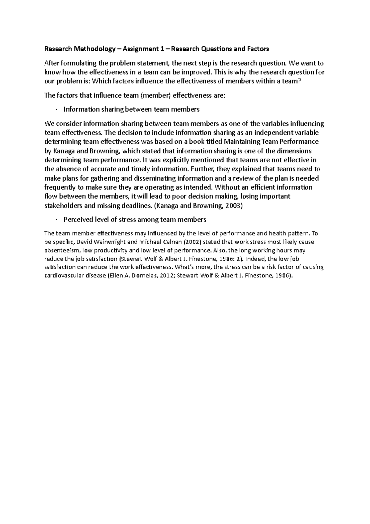 Research Methodology - Research Questions and Factors- Assignment 1 ...