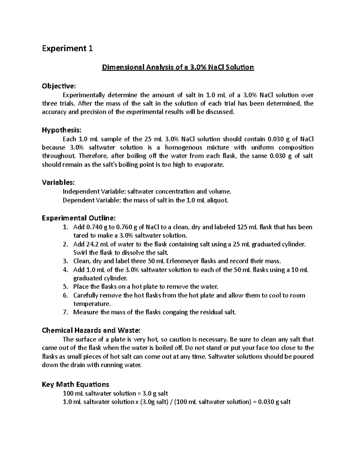 SUNY University at Albany - ACHM 115 - Experiment 1 - LAB - Experiment ...
