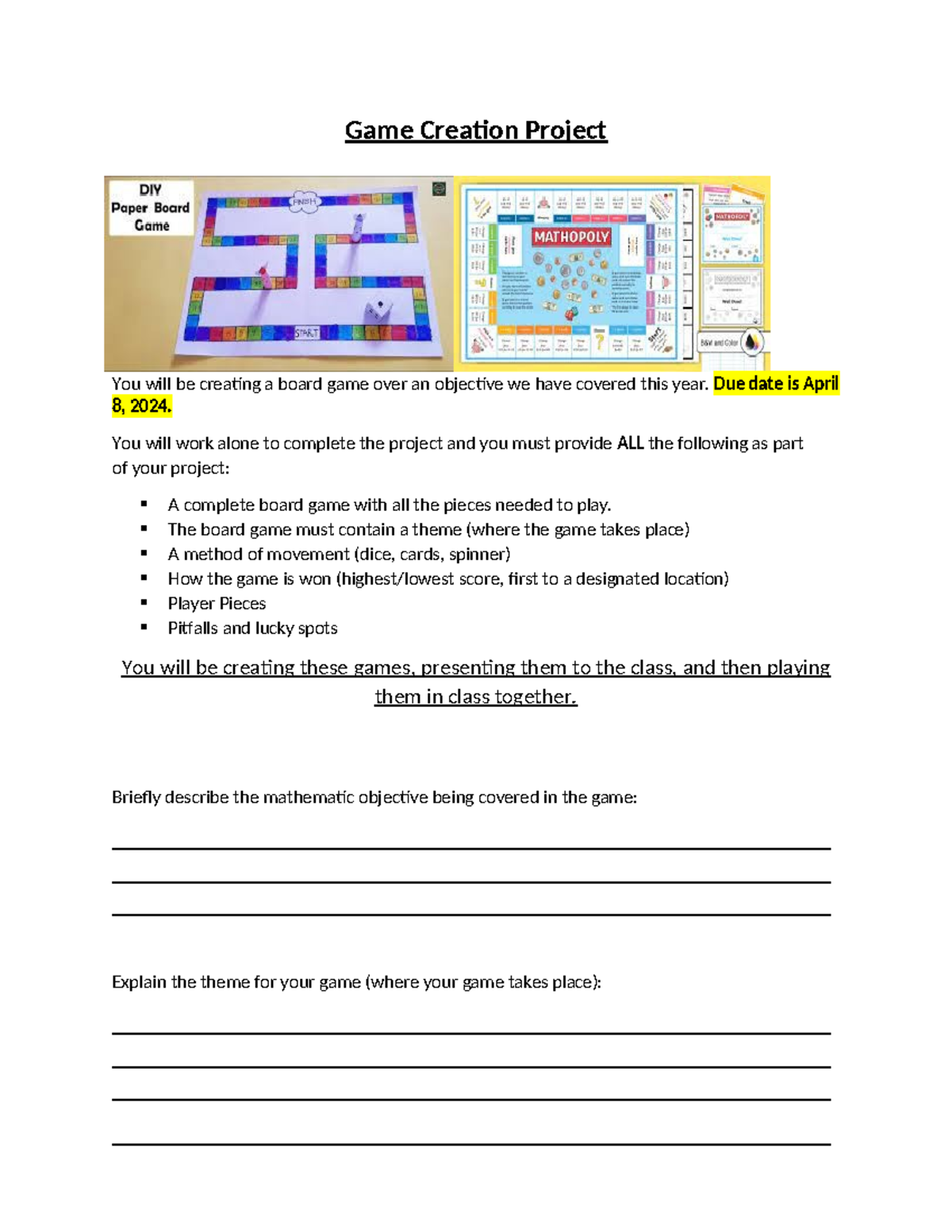 Math Board Game Creation Rubric - Game Creation Project You will be ...