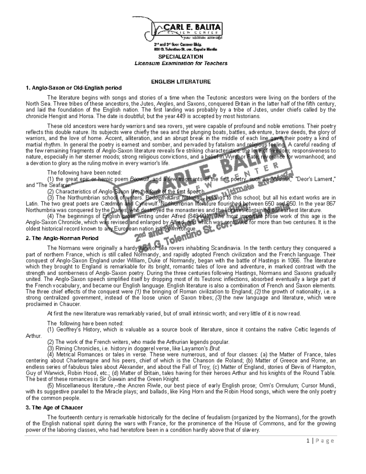 CBRC- English- Major - LPT - SPECIALIZATION Licensure Examination for ...