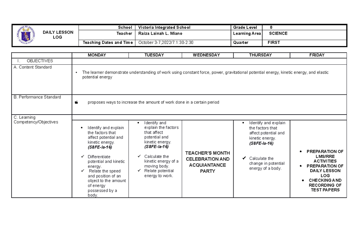 1st-quarter grade 8 week 3 Based ON LAS - DAILY LESSON LOG School ...
